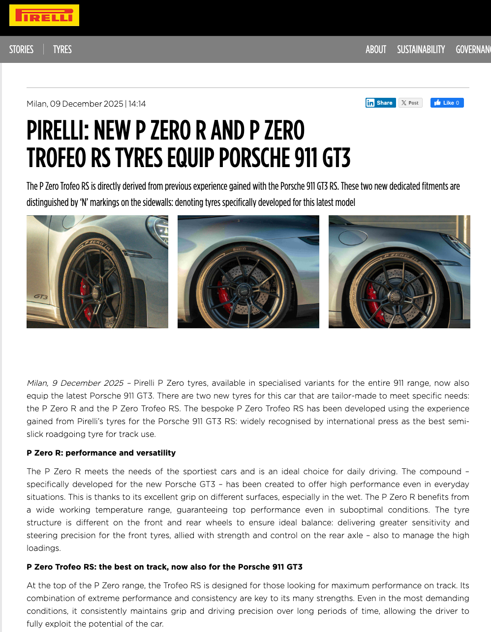 PIRELLI: NEW P ZERO R AND P ZERO TROFEO RS TYRES EQUIP PORSCHE 911 GT3 ...