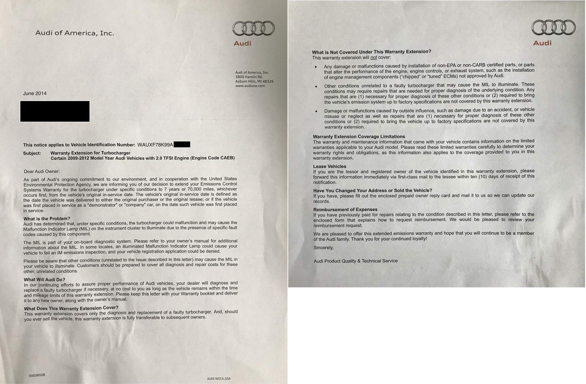Warranty extension letter - A4 turbocharger 2010-2012 - Page 2 ...