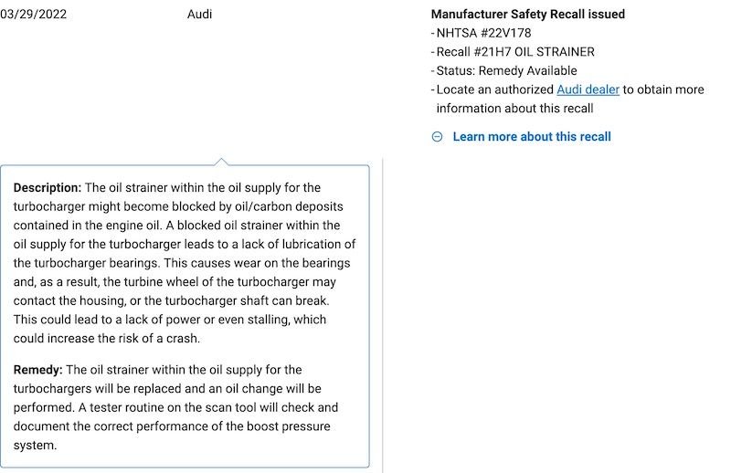 Looking at buying a 2014 A8L 4.0T - oil strainer recall on Carfax ...
