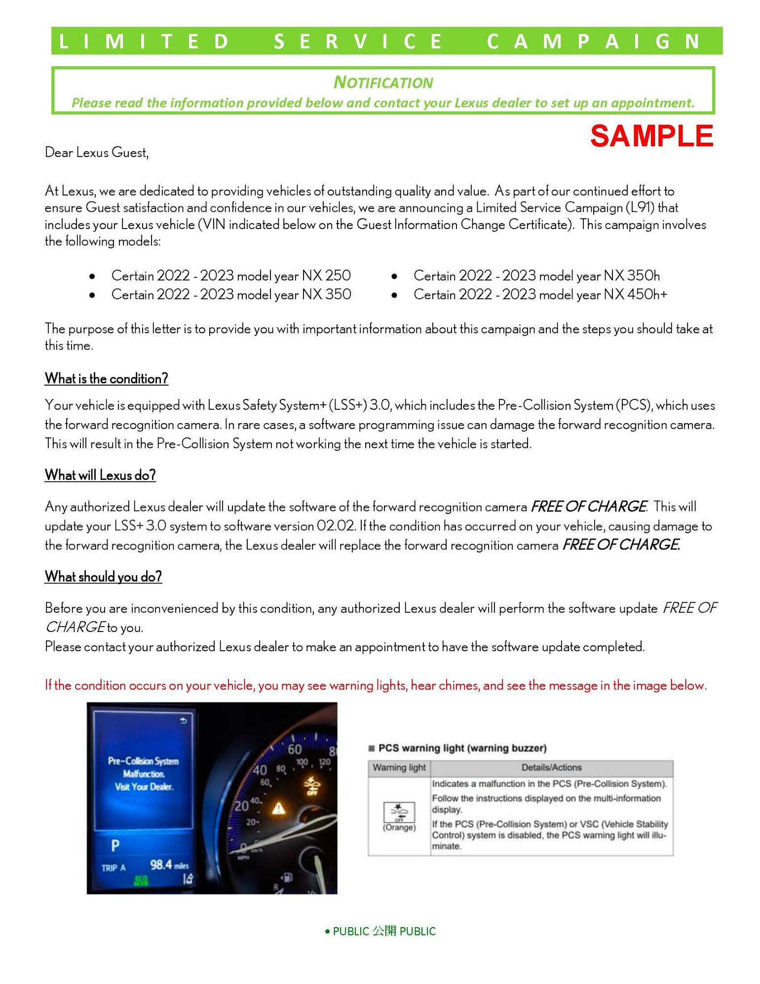 '22 & '23 MY Limited Service Campaign L91 for forward recognition ...