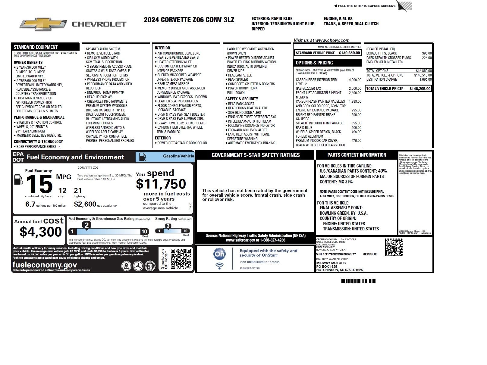 FS:2024 Z06 3LZ HTC Rapid Blue + Warranty for MSRP - CorvetteForum ...