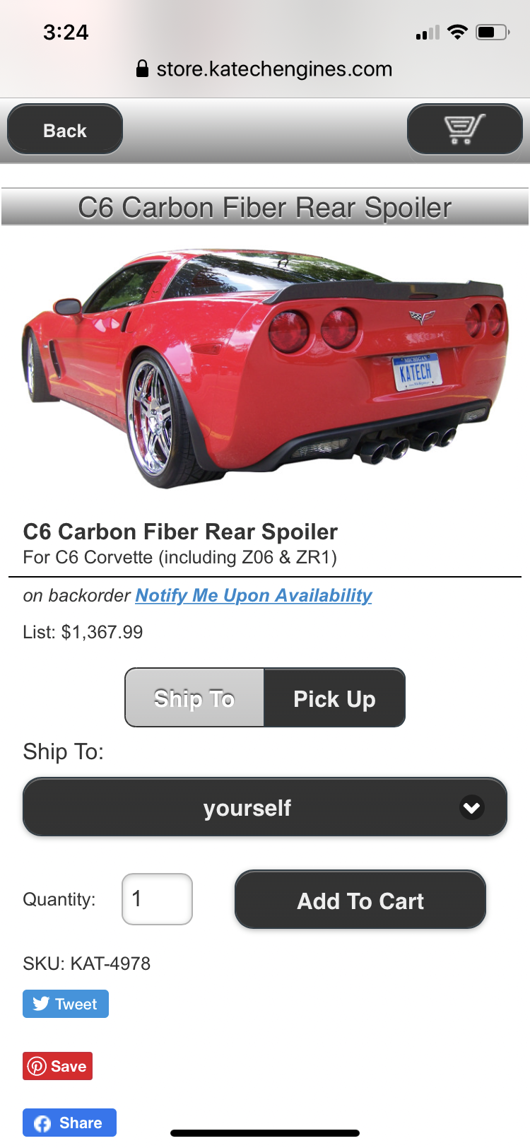 FS (For Sale) Katech Carbon Fiber Spoiler fits all C6 Corvettes $800 ...