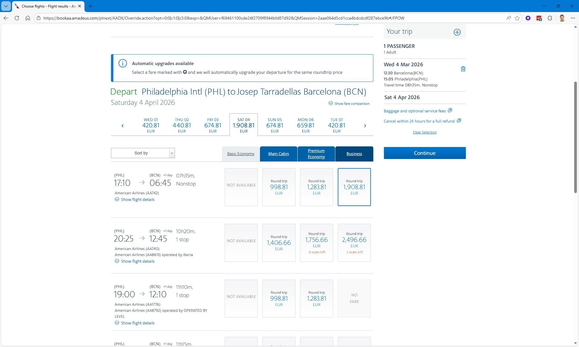 deceptive "upgrade to business class for only"... offer on flight ...
